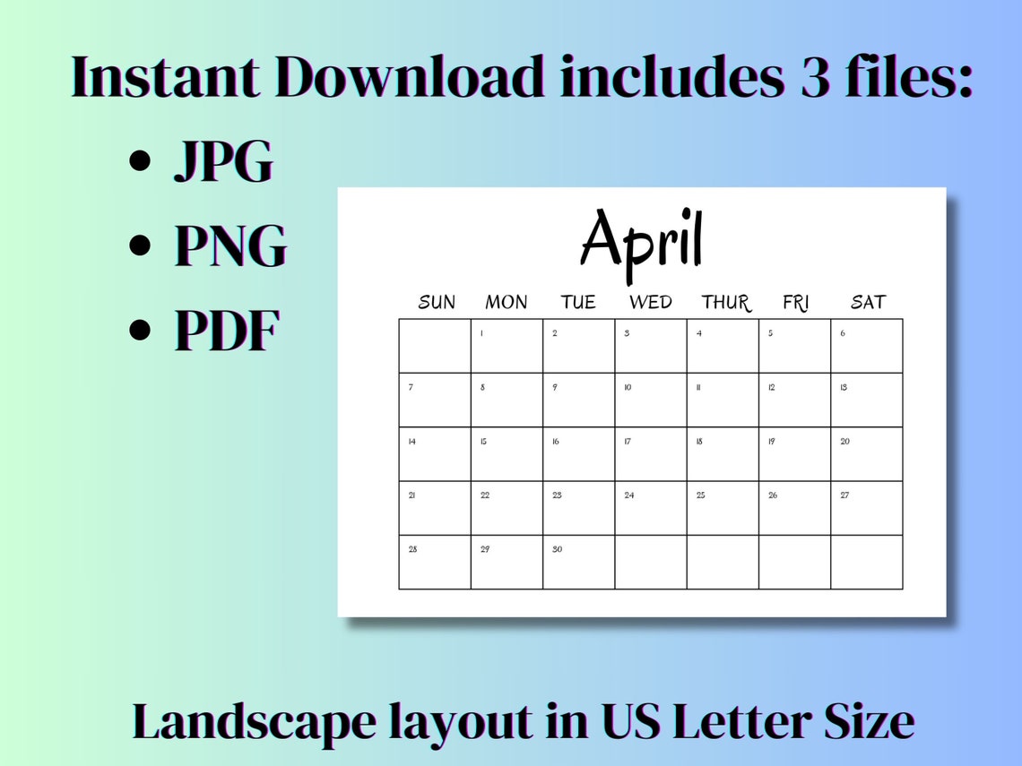 April 2024 Blank Calendar | Horizontal Printable Calendar | Instant ...