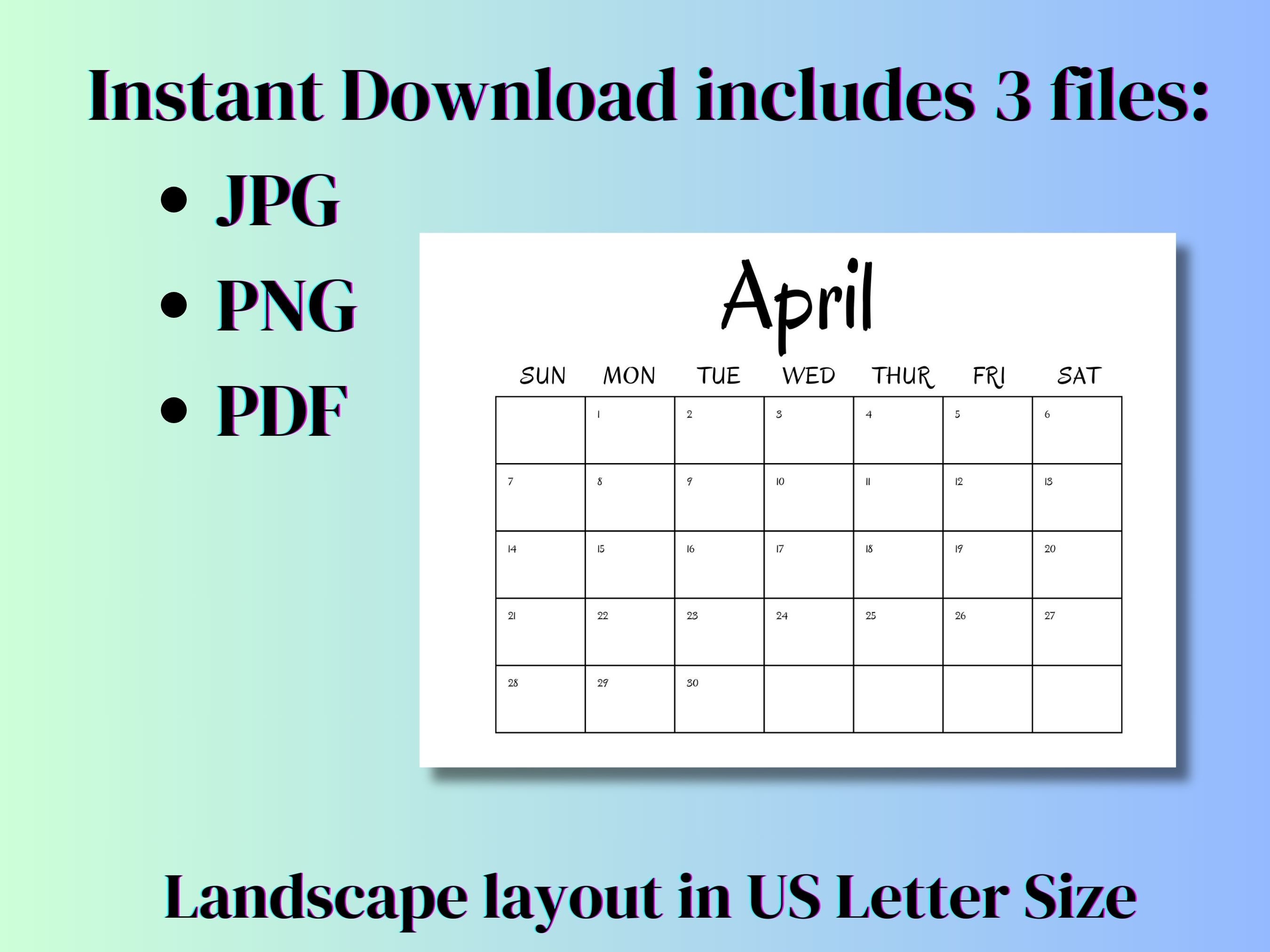 April 2024 Blank Calendar | Horizontal Printable Calendar | Instant ...