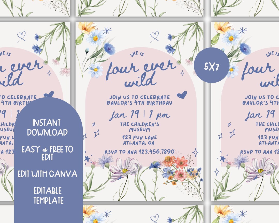 Four Ever Wild Birthday Invitation Template, Editable 4th Birthday Girl ...
