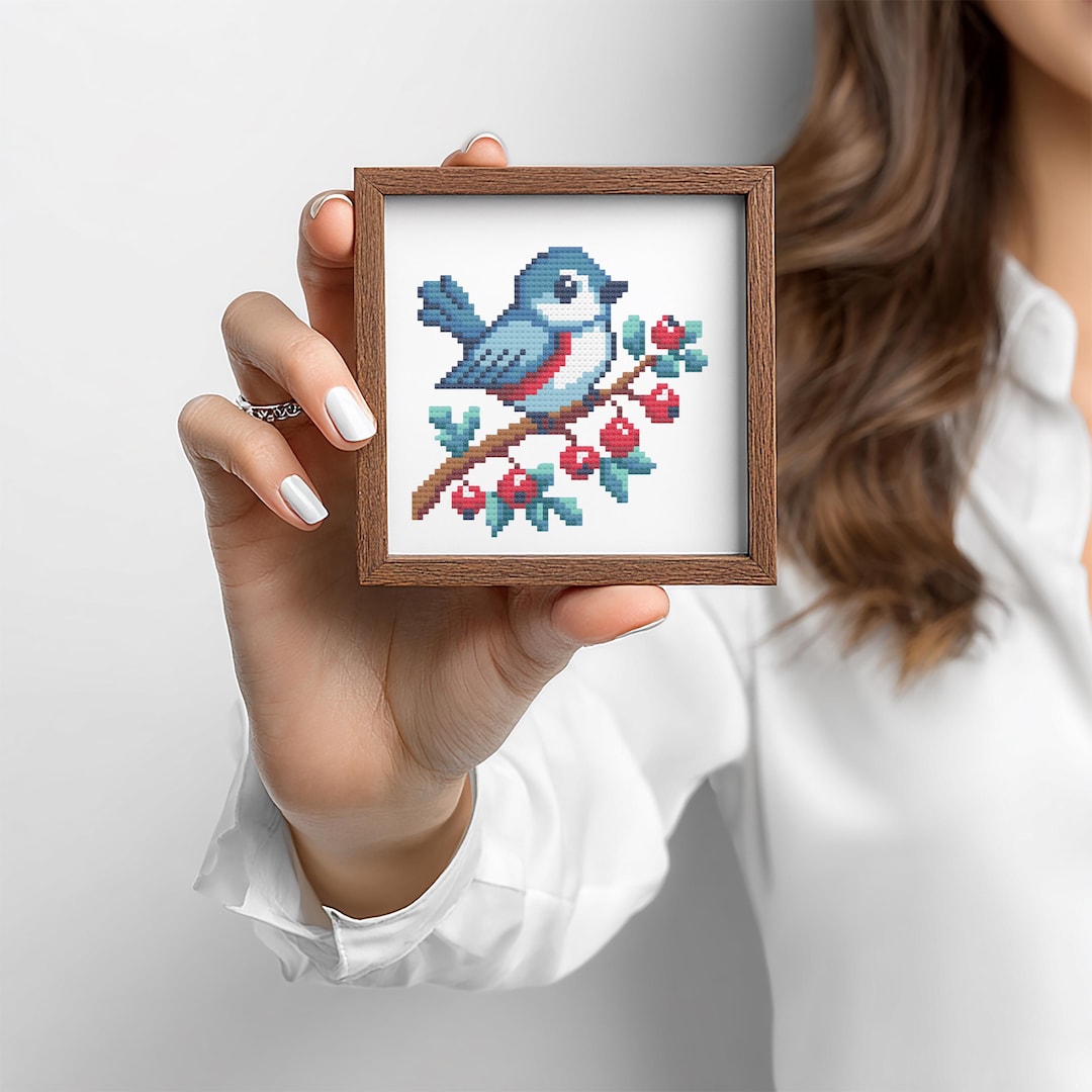 Mini Blue Bird Cross Stitch Pattern | Berry Branch Chart | Small Bird ...