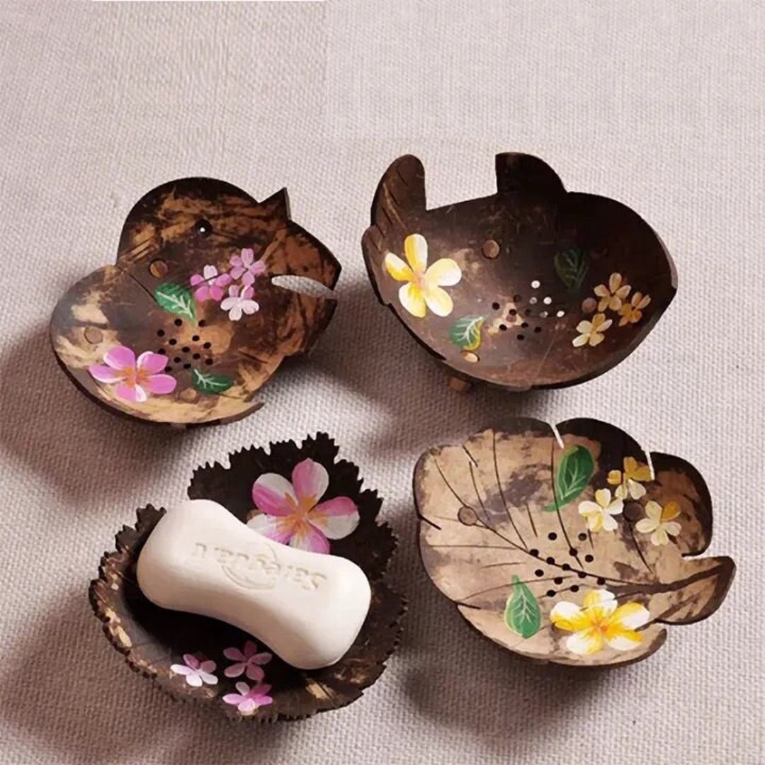 Coconut Shell Soap Dish, Floral Pattern Soap Tray Holder, Natural Wood ...