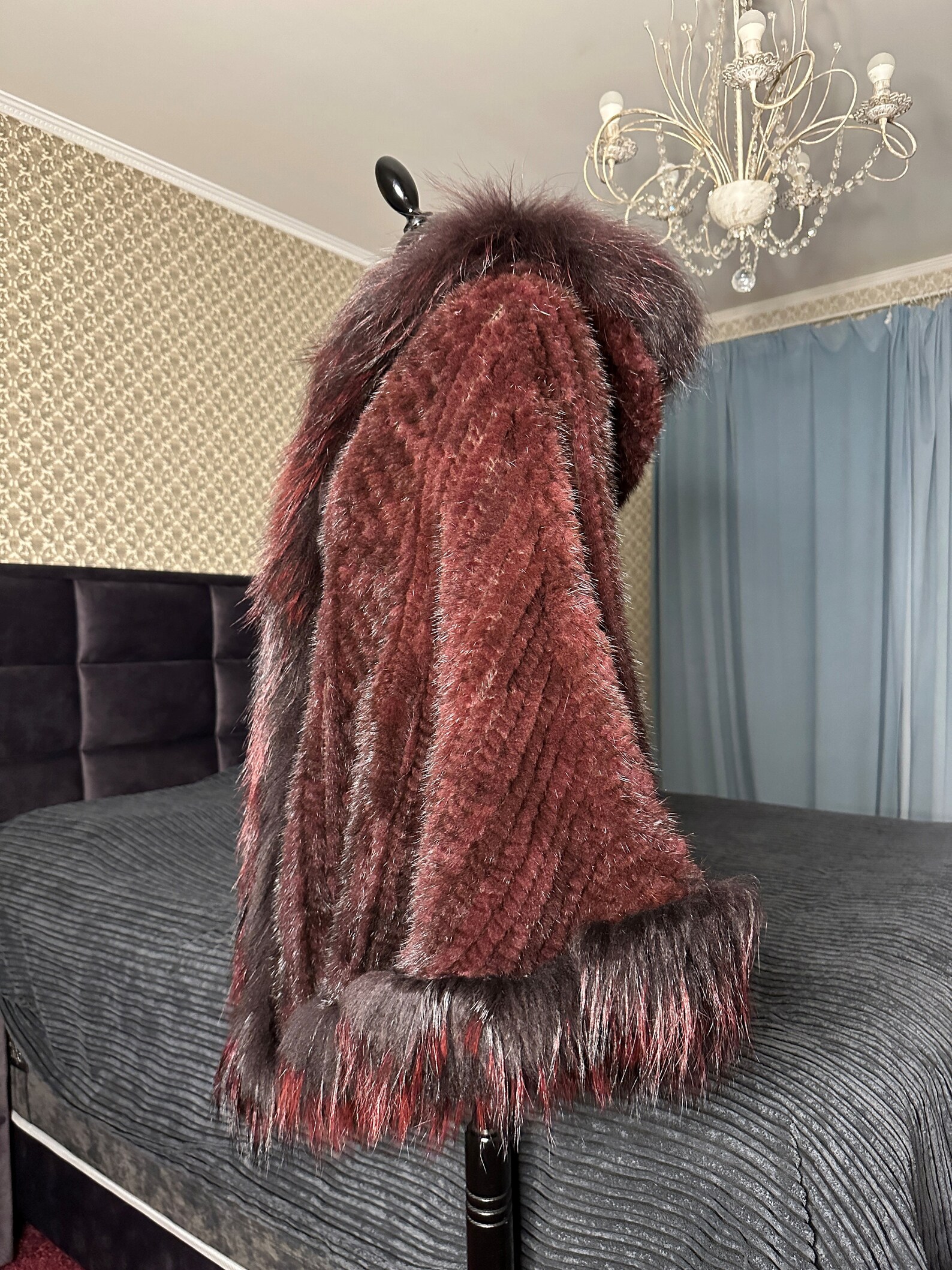 Real Mink Poncho Raccoon Trim Exquisite Cape Luxurious Fur Wrap Knitted Poncho Handmade Mink ...