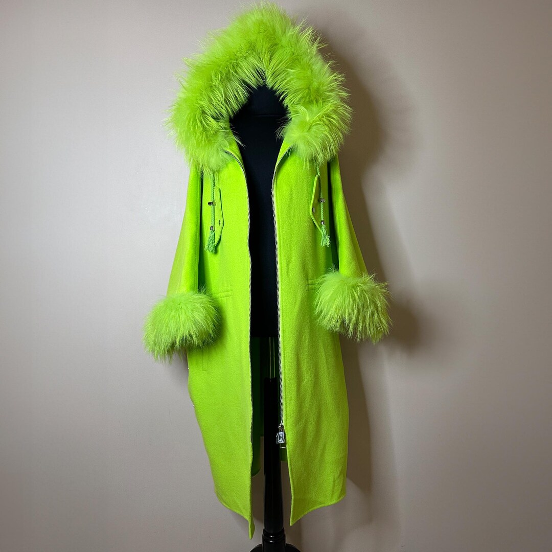 Lime Coat, Coat With Hood, Green Fur Coat, Women's Coat, Handmade Coat ...