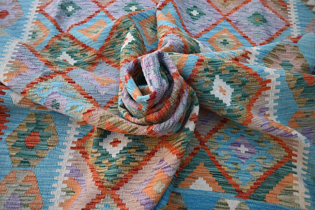 8X9 Ft Kilim Area Rug, Pastel Colors Red Blue Green Large Area Rug ...