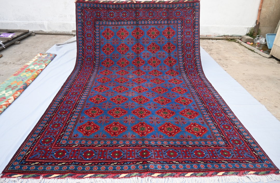 6'6X9'8 Ft Blue Afghan Rug, Double Hand Knotted Rug, Patnoos Design ...