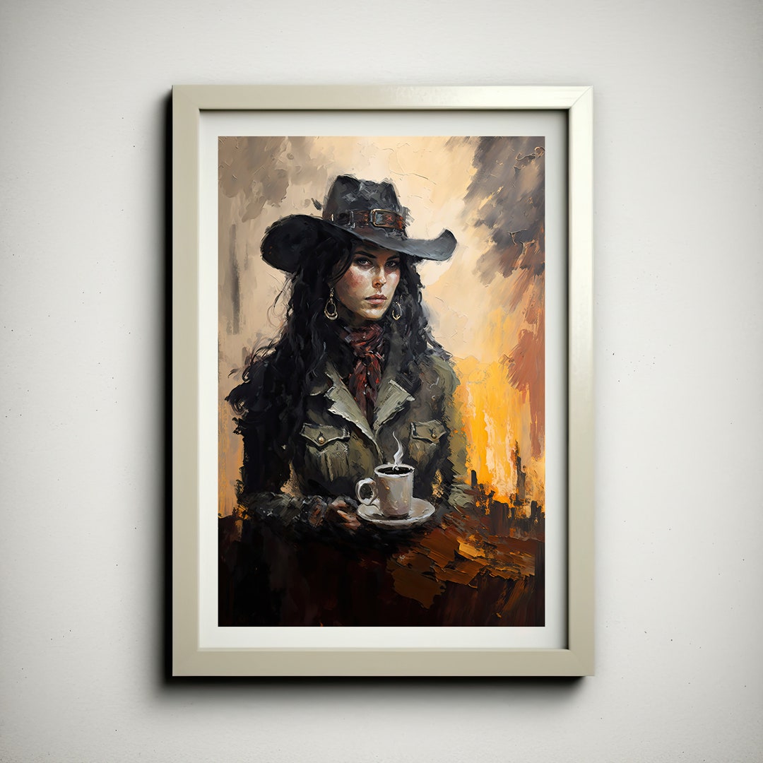 Outlaw Coffee Poster, Bandit Woman With Black Hat and Coffee, Western ...
