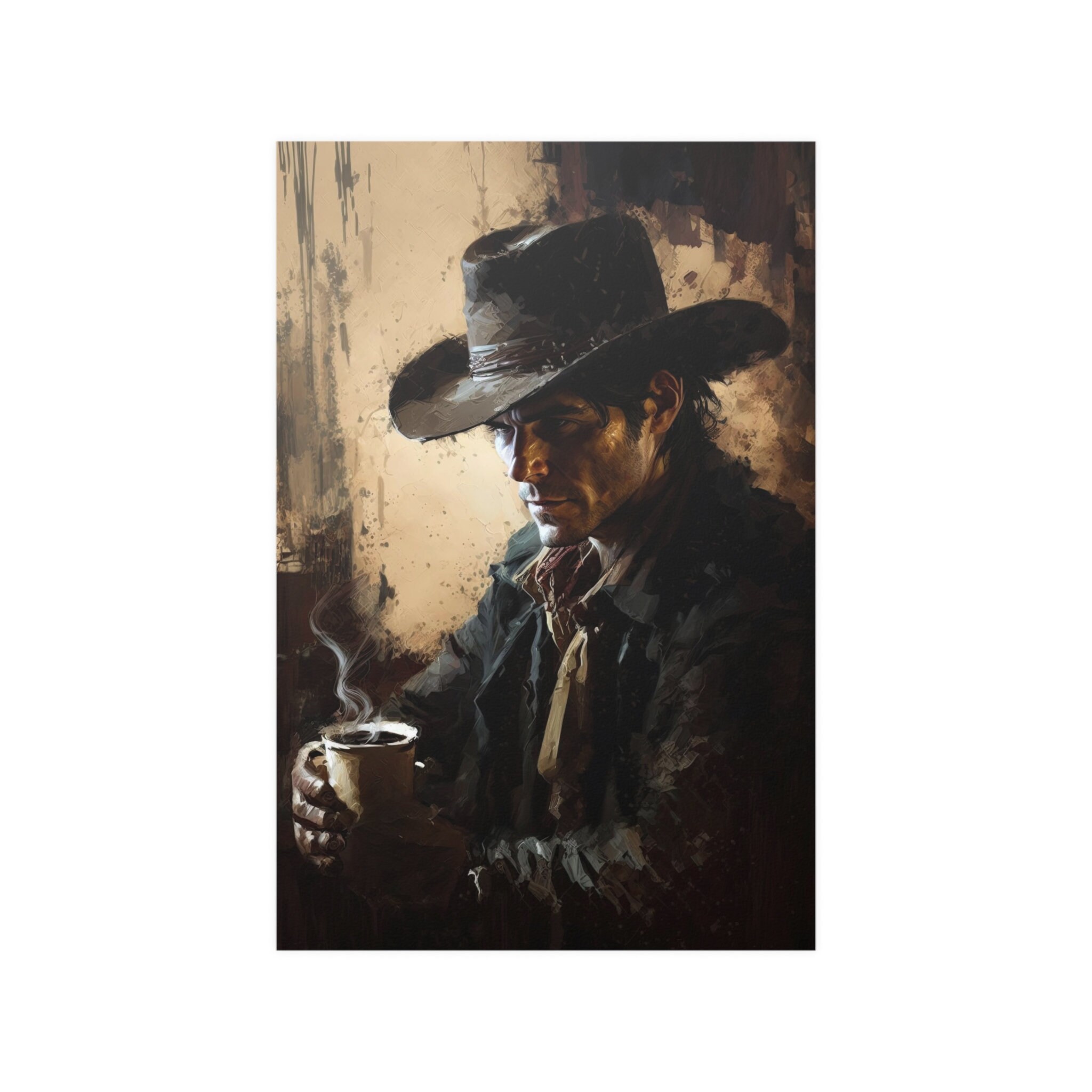 Outlaw Coffee Poster, Bandit With Black Hat and Coffee, Western Art ...