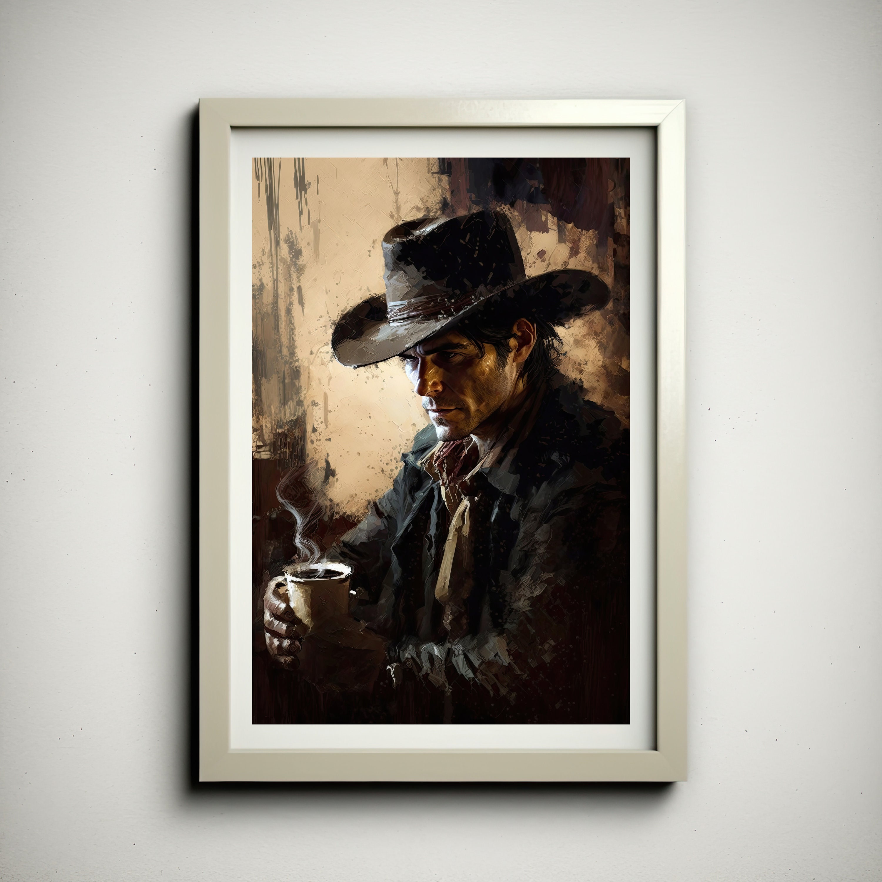 Outlaw Coffee Poster, Bandit With Black Hat and Coffee, Western Art ...
