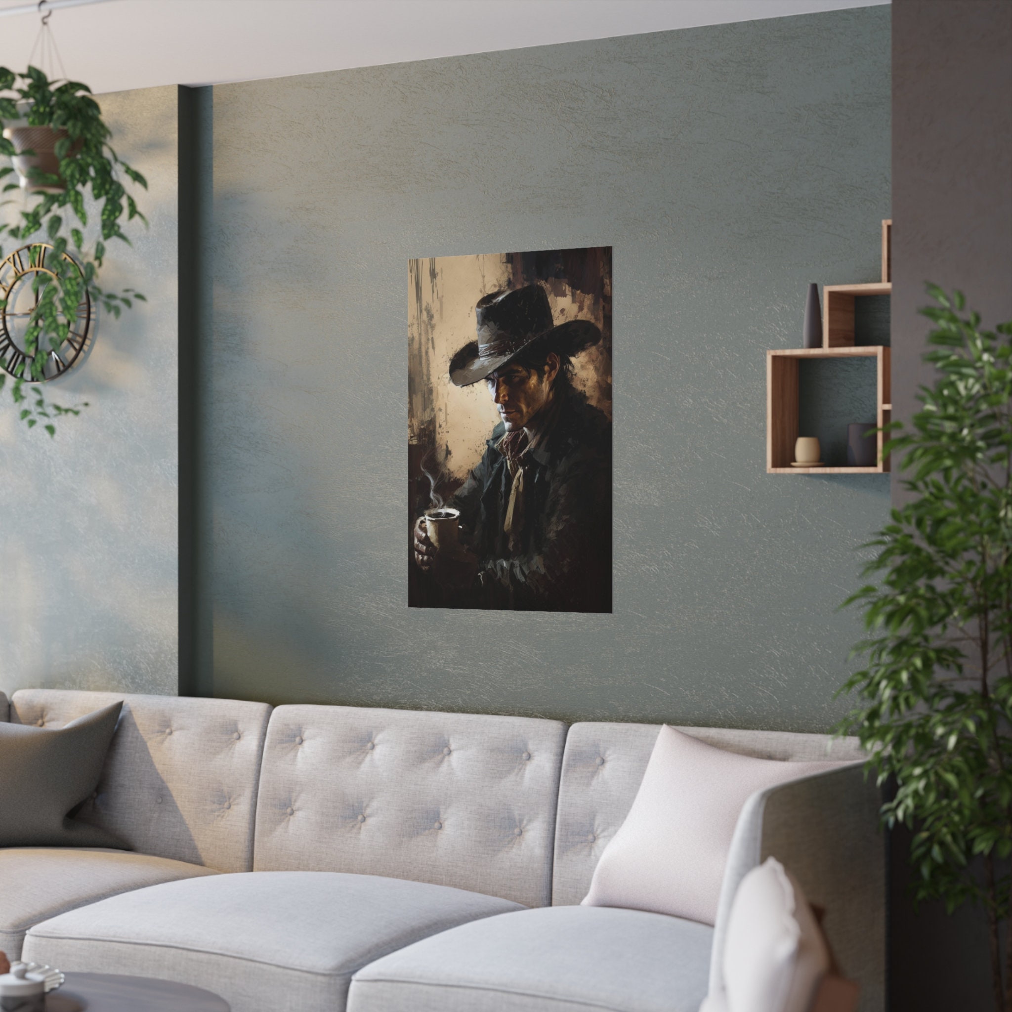Outlaw Coffee Poster, Bandit With Black Hat and Coffee, Western Art ...