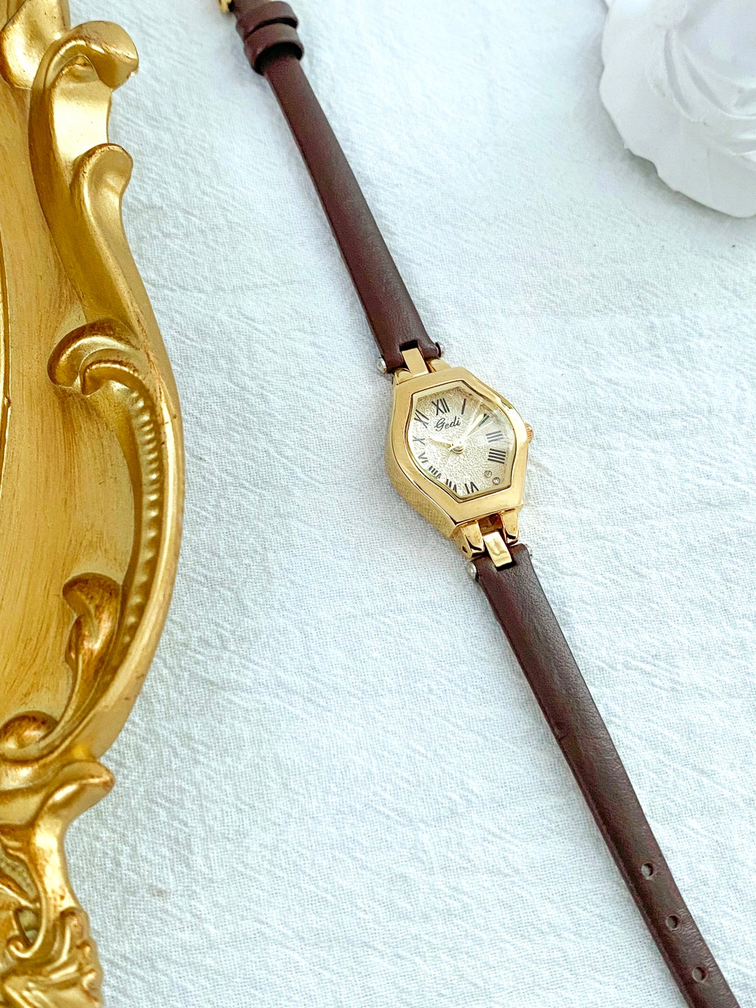 Vintage Roman Numeral Watch, Gold Tonneau Dial Vintage Leather Small ...