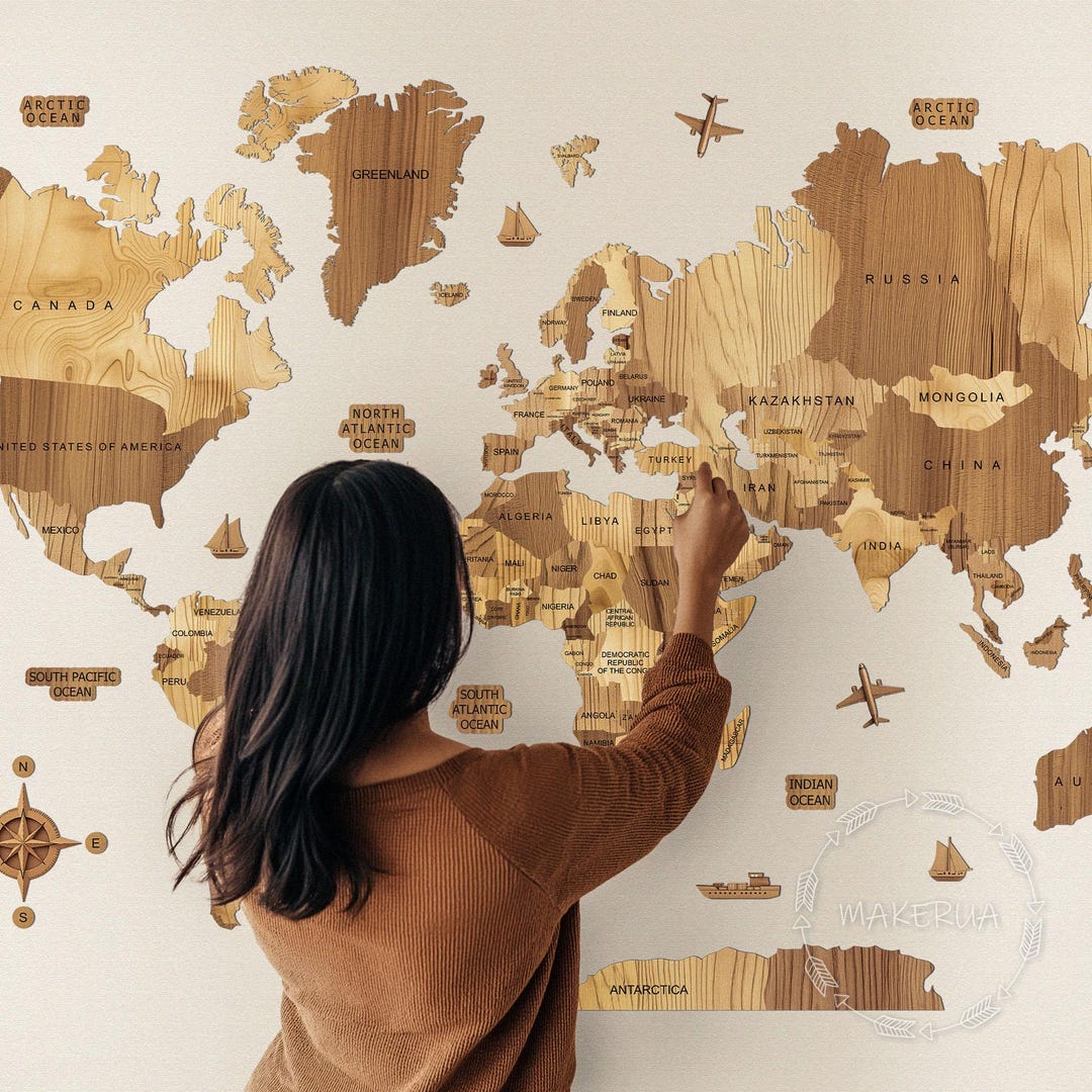 Wooden World Map Rustic Wall Art, Unique Christmas Birthday Wedding ...