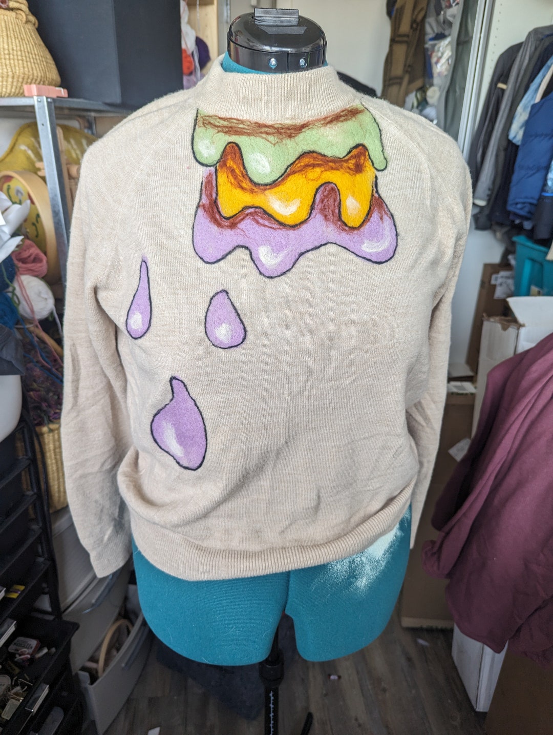 L One of a Kind Slime Needle Felted Recycled Sweater - Etsy