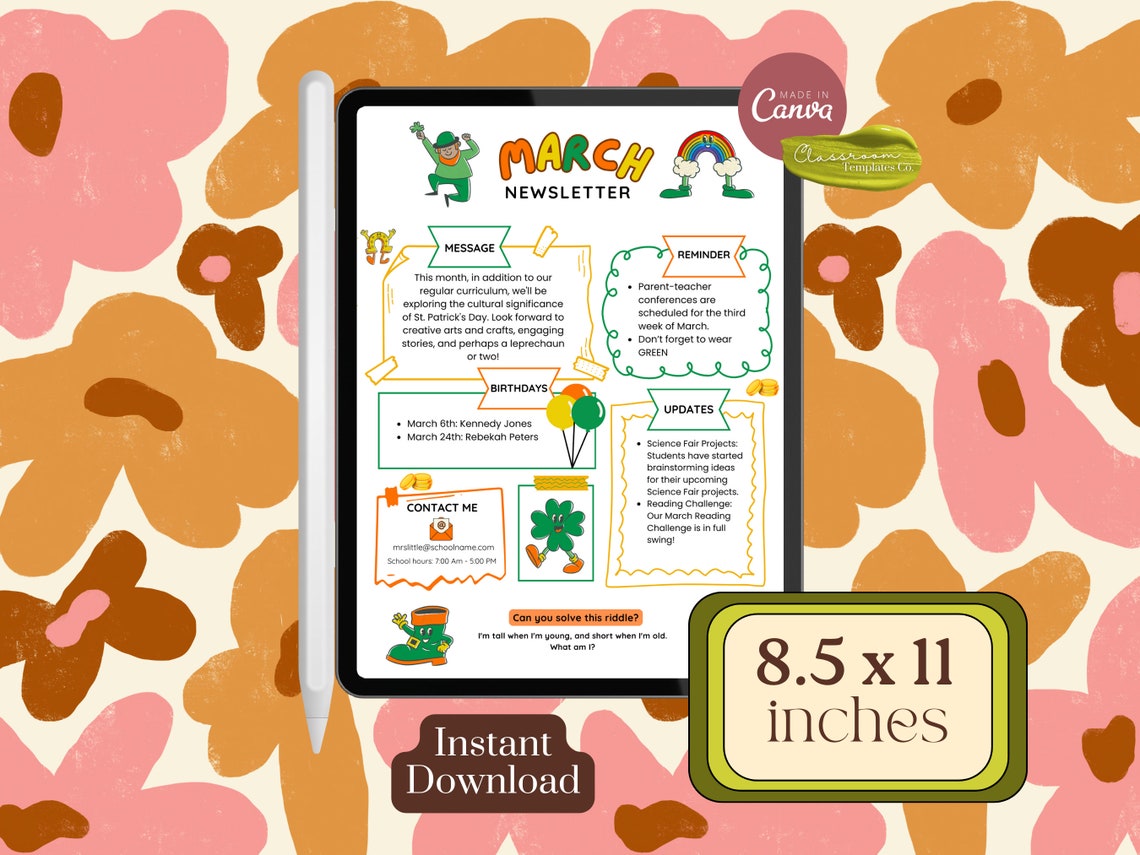 March Newsletter Template, Editable Newsletter, Monthly Newsletter ...