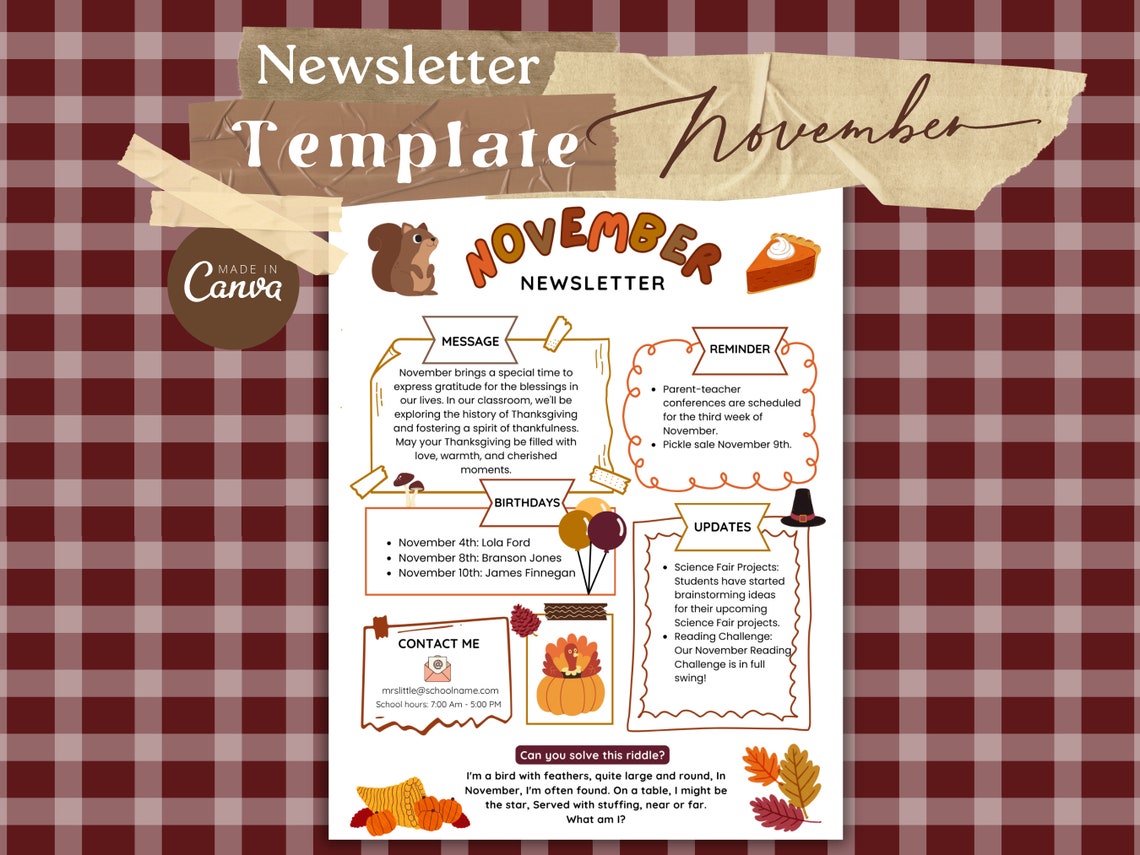 November Newsletter Template, Editable Newsletter, Monthly Newsletter ...