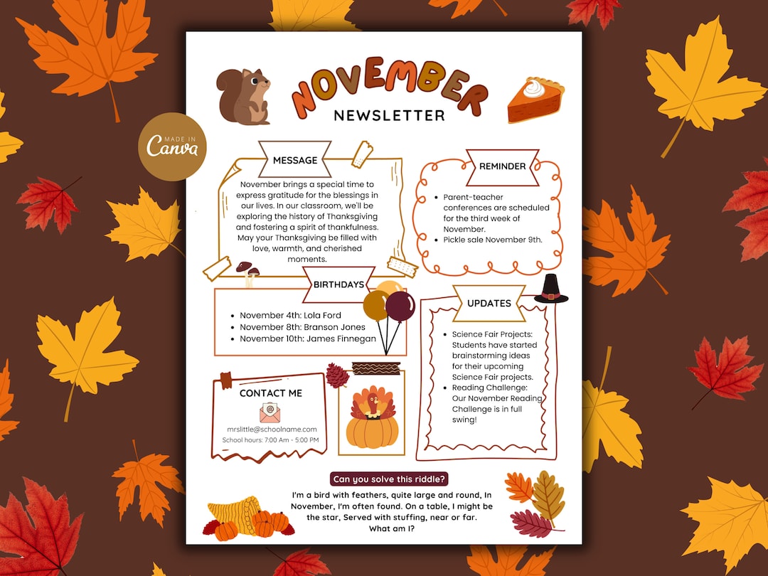Thanksgiving Newsletter, November Newsletter Template, Fall Newsletter ...