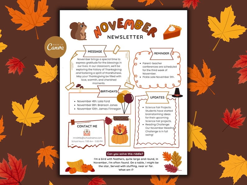 Thanksgiving Newsletter, November Newsletter Template, Fall Newsletter ...