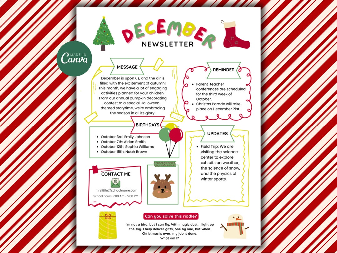 December Newsletter, Christmas Newsletter Template, Preschool ...