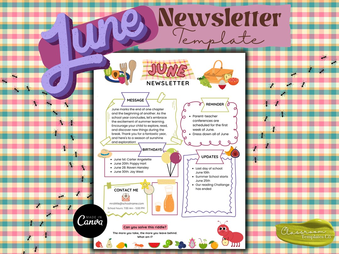 June Newsletter Template, Editable Newsletter, Monthly Newsletter ...