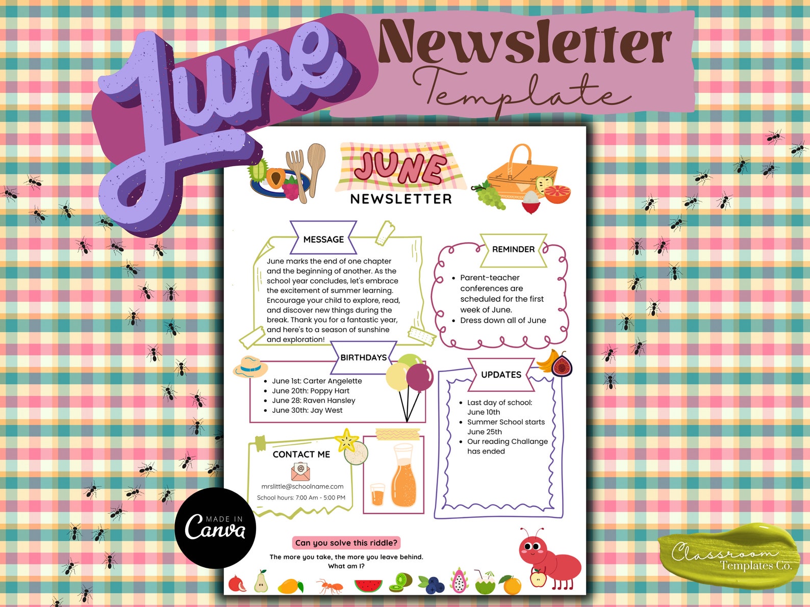 June Newsletter Template, Editable Newsletter, Monthly Newsletter ...