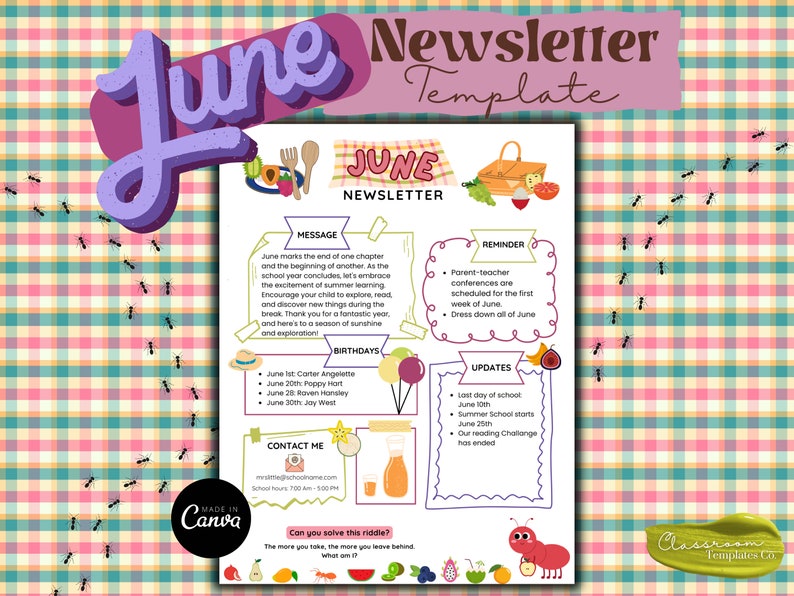 June Newsletter Template, Editable Newsletter, Monthly Newsletter ...