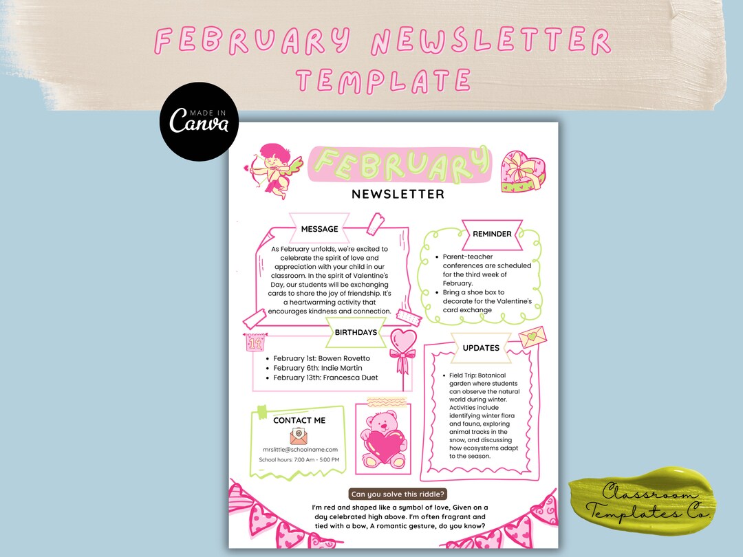 February Newsletter Template, Editable Newsletter, Monthly Newsletter ...