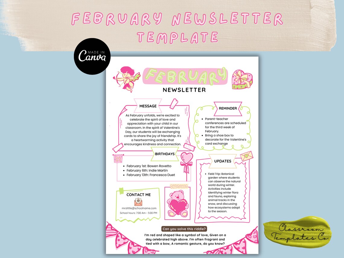 February Newsletter Template, Editable Newsletter, Monthly Newsletter ...