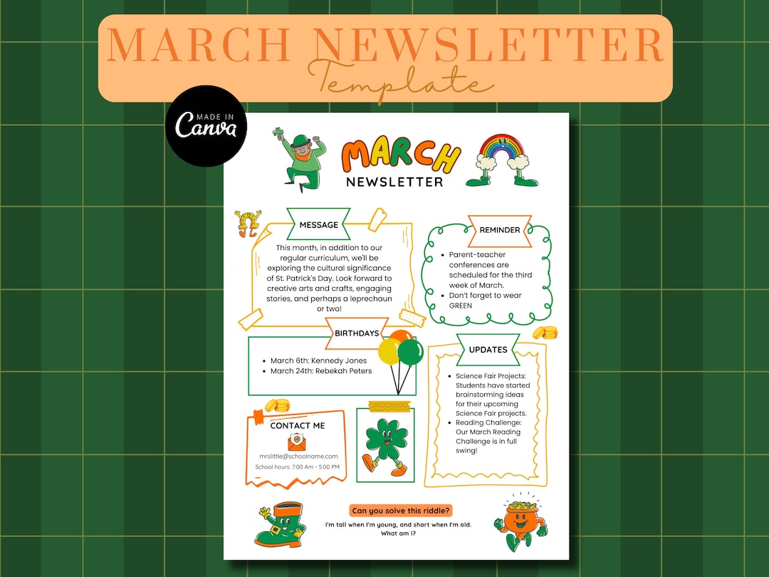 March Newsletter Template Editable Newsletter Monthly Newsletter