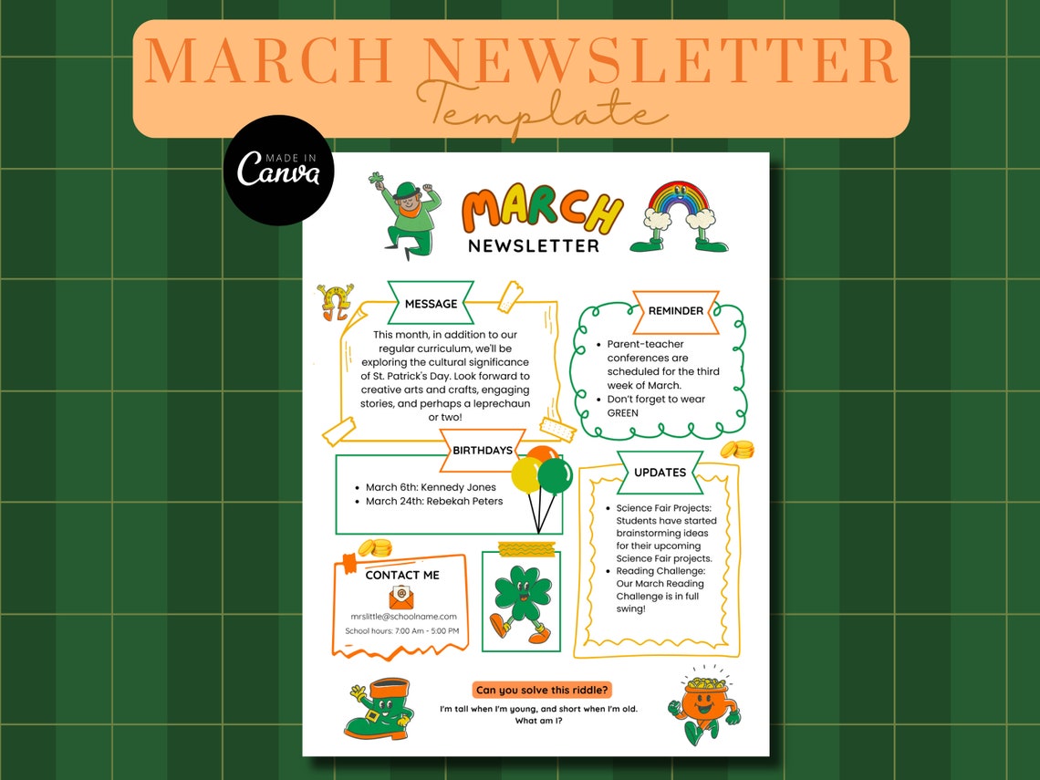 March Newsletter Template, Editable Newsletter, Monthly Newsletter ...