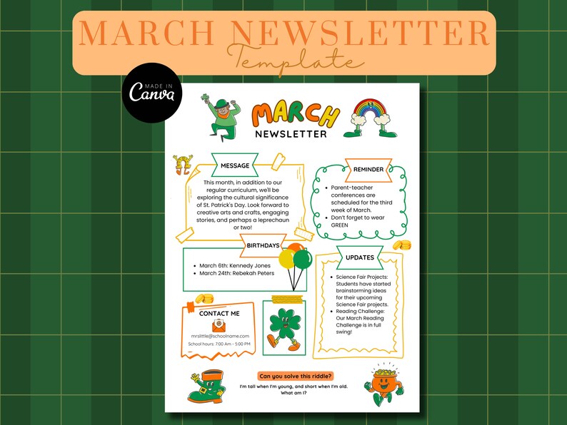 March Newsletter Template, Editable Newsletter, Monthly Newsletter ...
