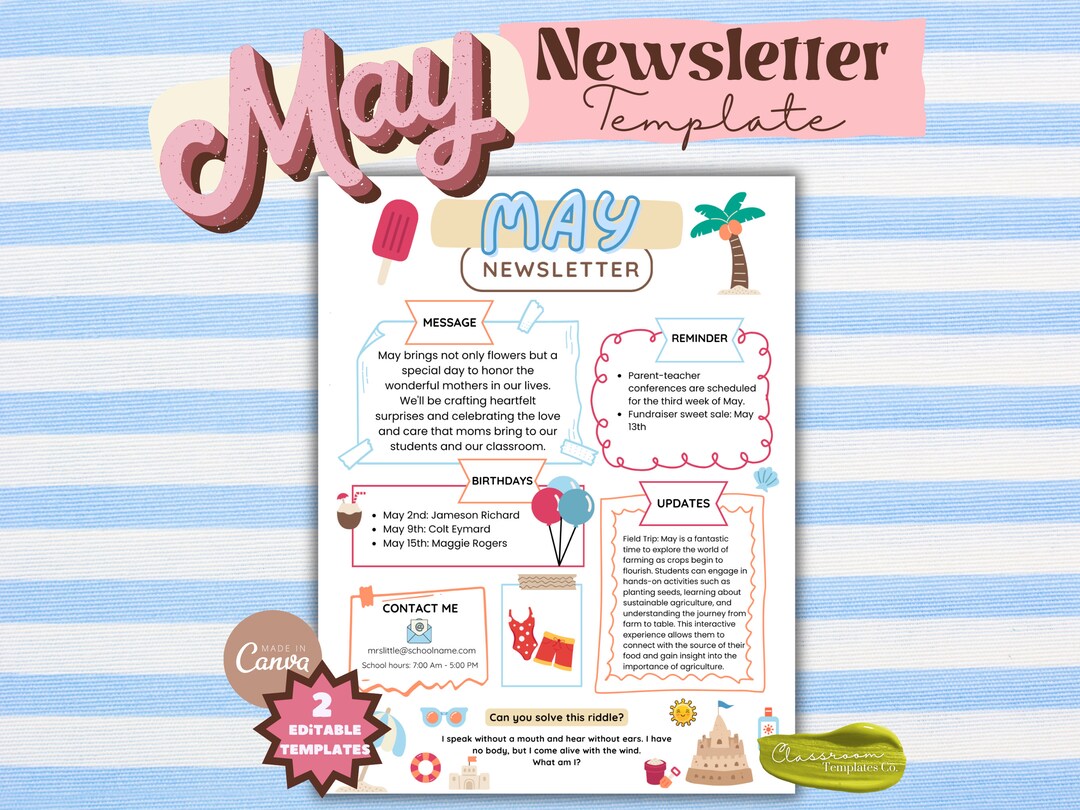 Teacher Newsletter for May Editable Newsletter Monthly Newsletter May ...