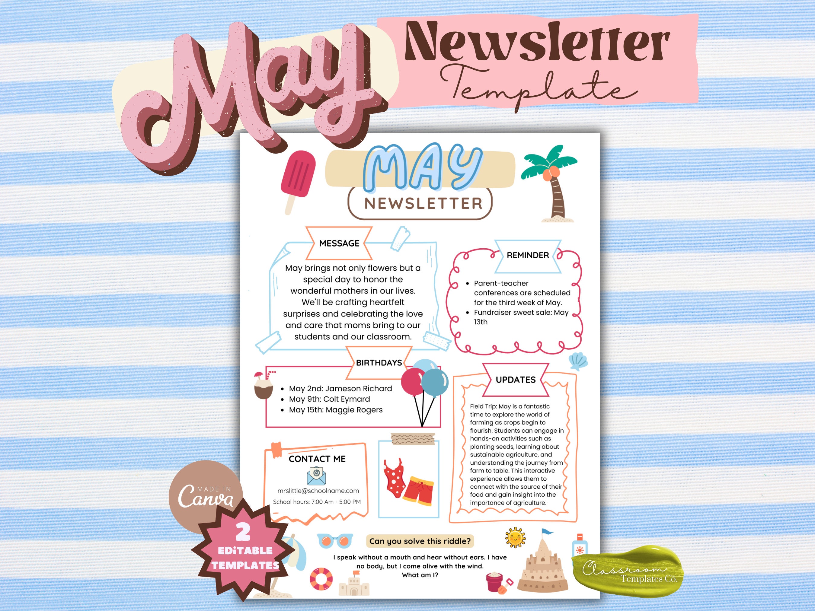 Teacher Newsletter for May Editable Newsletter Monthly Newsletter May ...