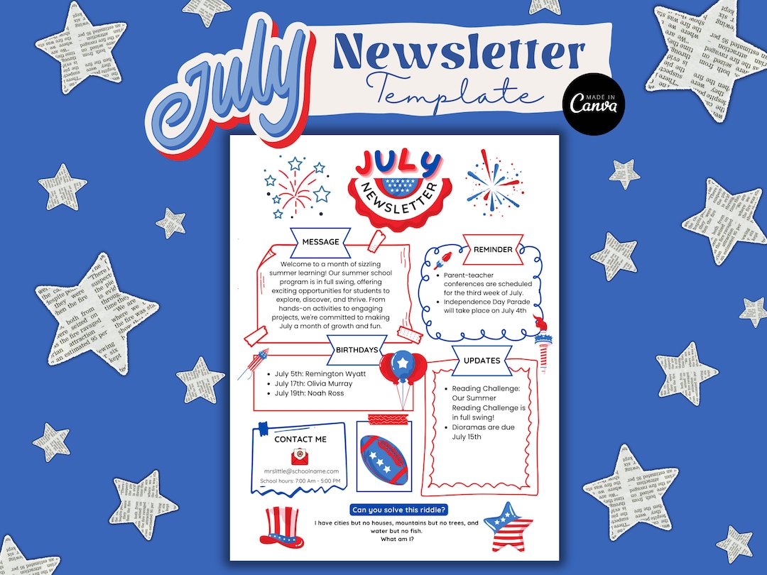 July Newsletter, July Newsletter Template, Editable Newsletter, Monthly ...