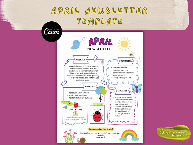 April Newsletter Template, Editable Newsletter, Monthly Newsletter ...
