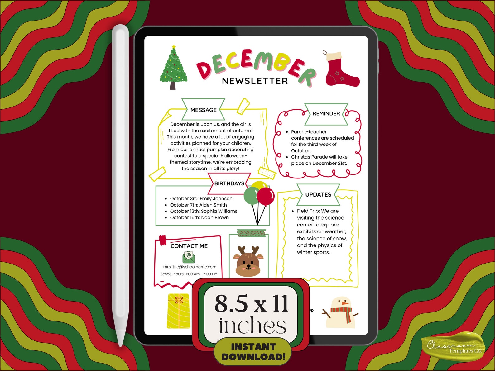December Newsletter, Christmas Newsletter Template, Preschool ...
