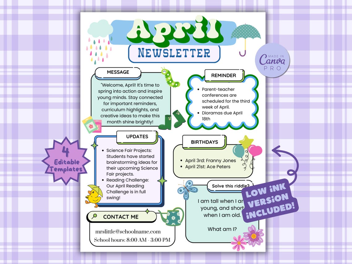 April Newsletter Template, Editable Newsletter, Monthly Newsletter ...
