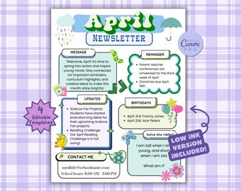 April Newsletter Template, Editable Newsletter, Monthly Newsletter ...