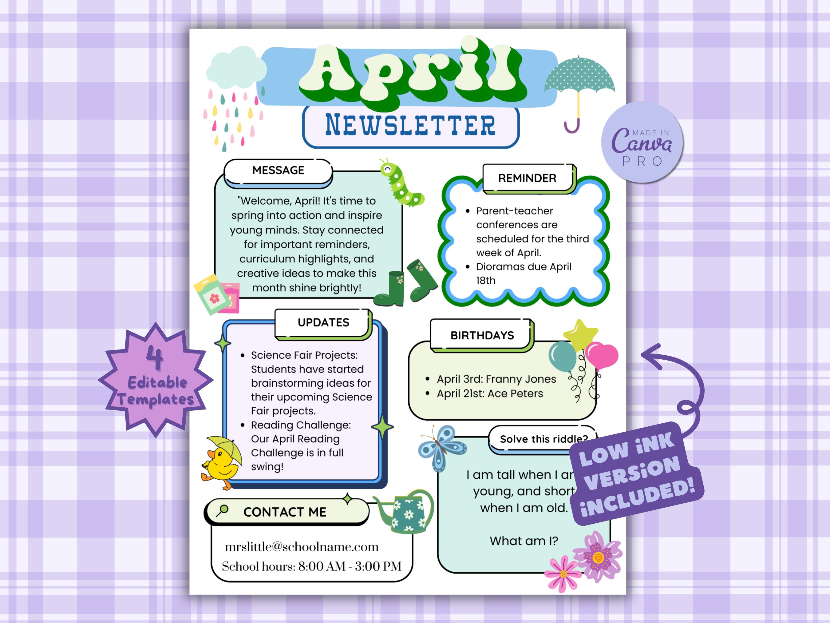 April Newsletter Template, Editable Newsletter, Monthly Newsletter ...