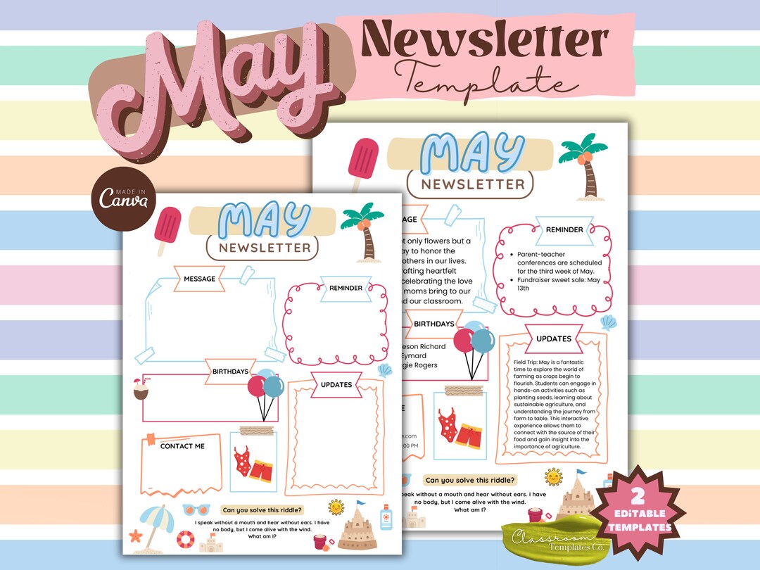 May Newsletter Template, Editable Newsletter, Monthly Newsletter ...