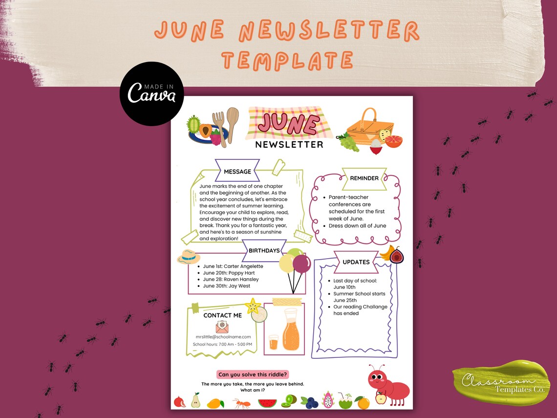 June Newsletter Template, Editable Newsletter, Monthly Newsletter ...