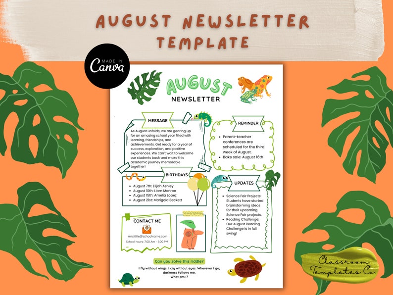 August Newsletter Template, Editable Newsletter, Monthly Newsletter ...