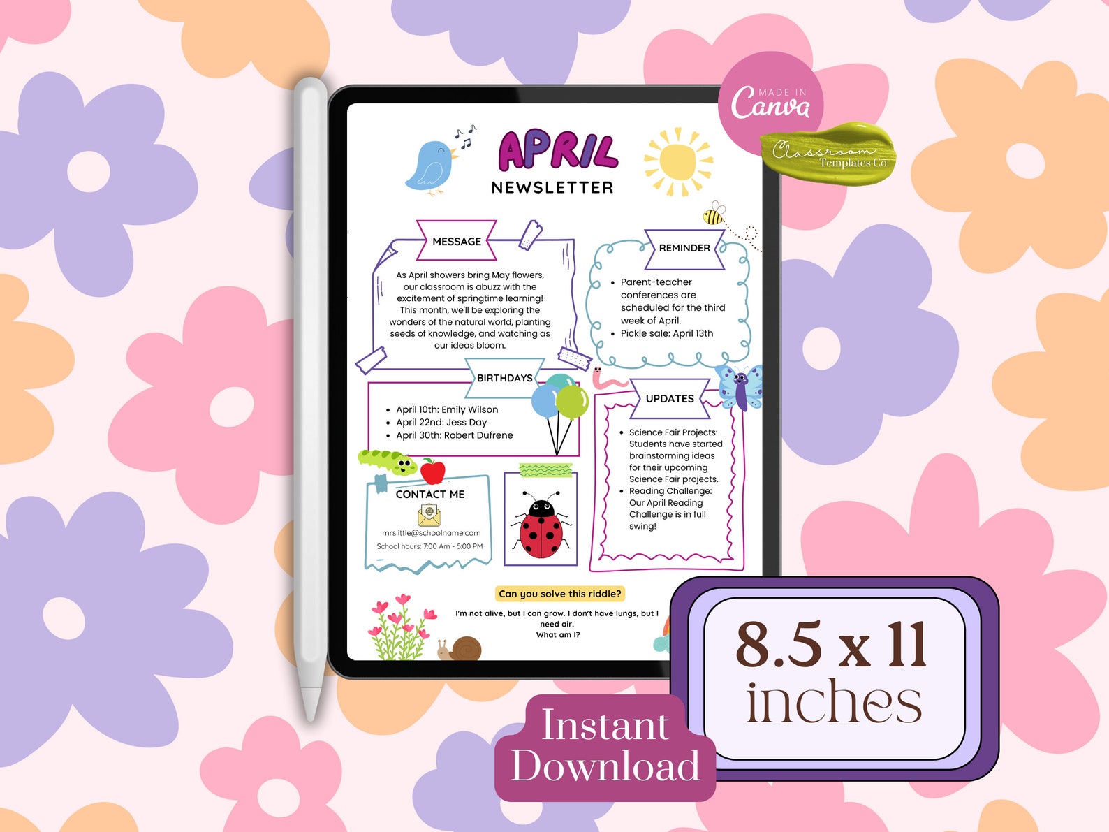 April Newsletter Template, Editable Newsletter, Monthly Newsletter ...
