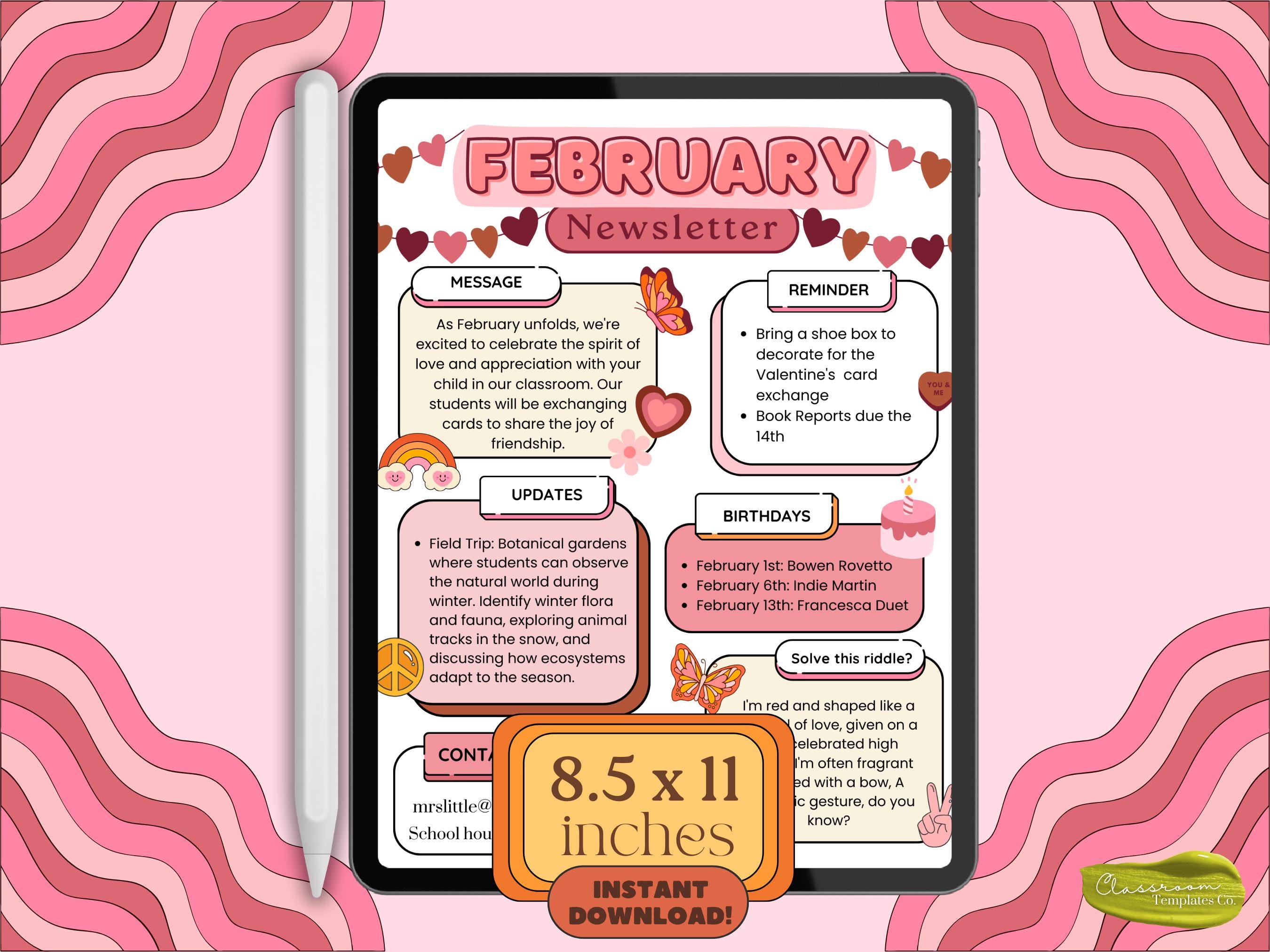 Valentine's Day Newsletter Template, Preschool & Teacher Newsletter ...