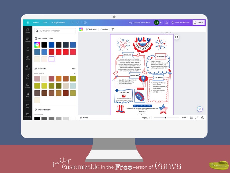 July Newsletter, July Newsletter Template, Editable Newsletter, Monthly ...