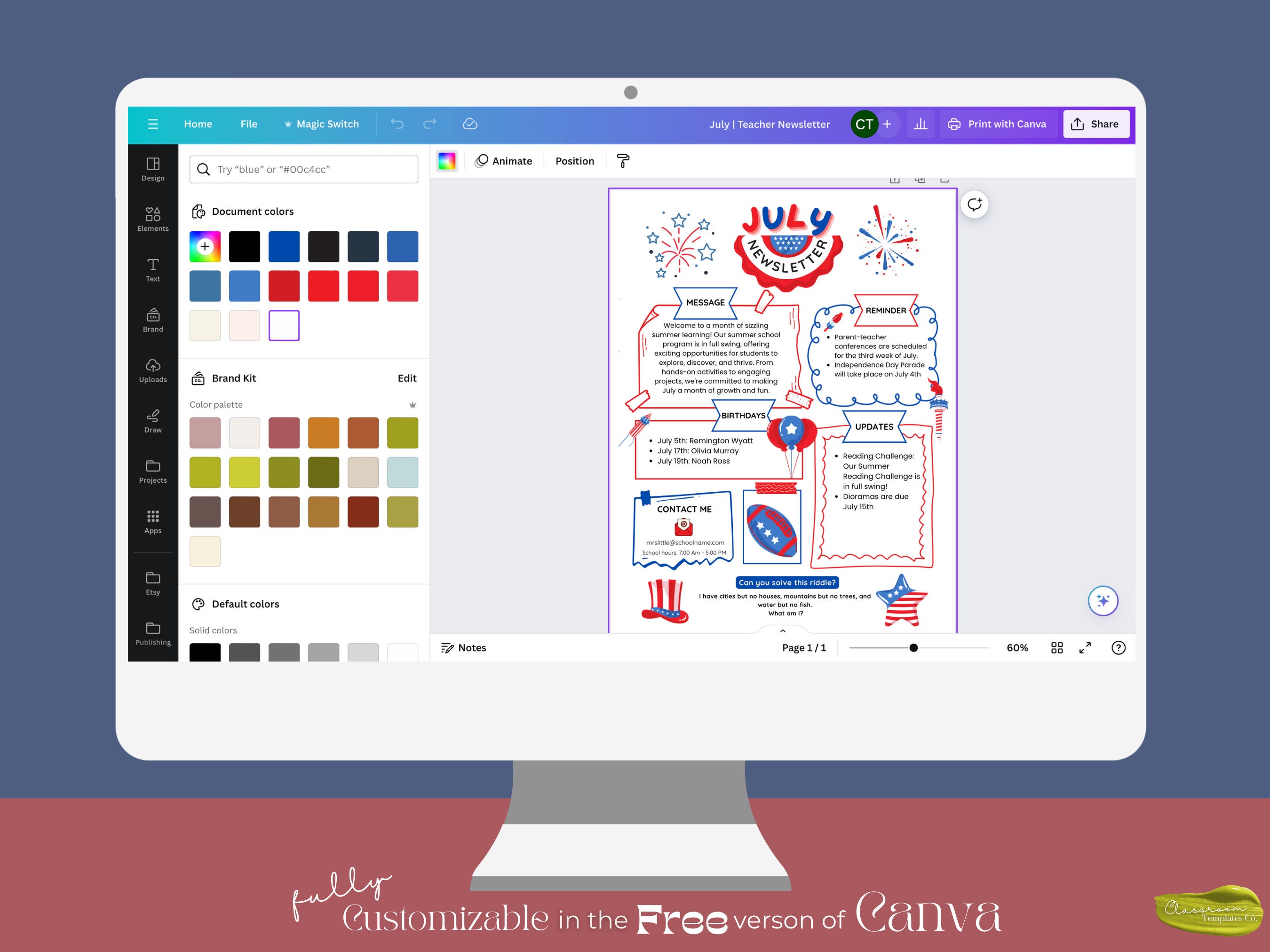 July Newsletter Template, Editable Newsletter, Monthly Newsletter ...