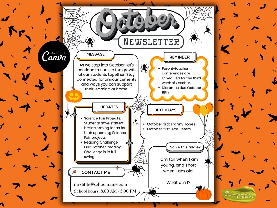 October Newsletter Template, Editable Newsletter, Monthly Newsletter ...