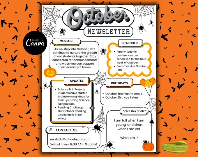 Editable October Classroom Newsletter Template (CANVA Digital Download ...