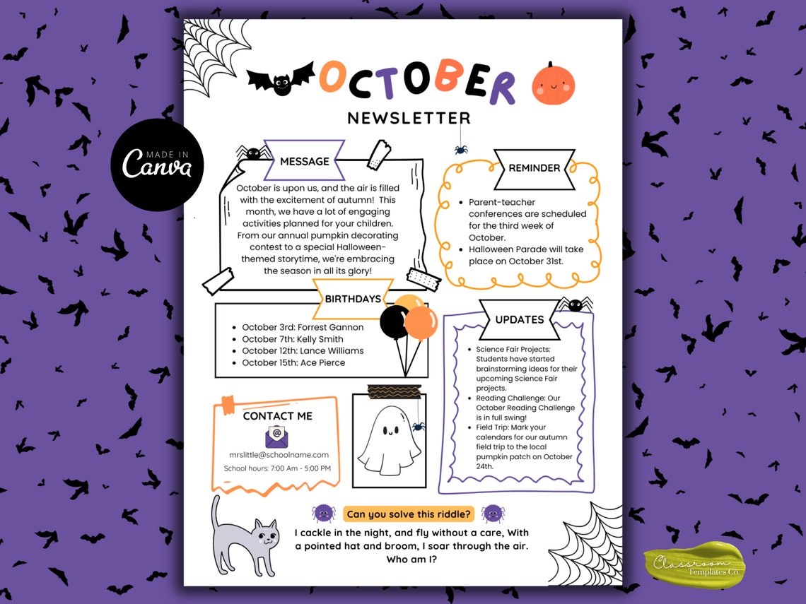 October Newsletter Template, Editable Newsletter, Monthly Newsletter ...