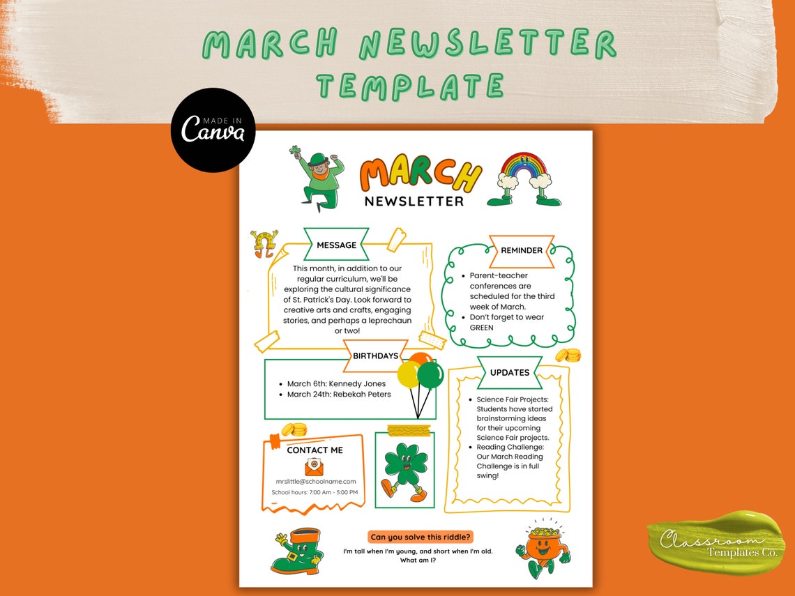 March Newsletter Template, Editable Newsletter, Monthly Newsletter ...