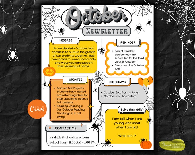 Editable October Classroom Newsletter Template (CANVA Digital Download ...