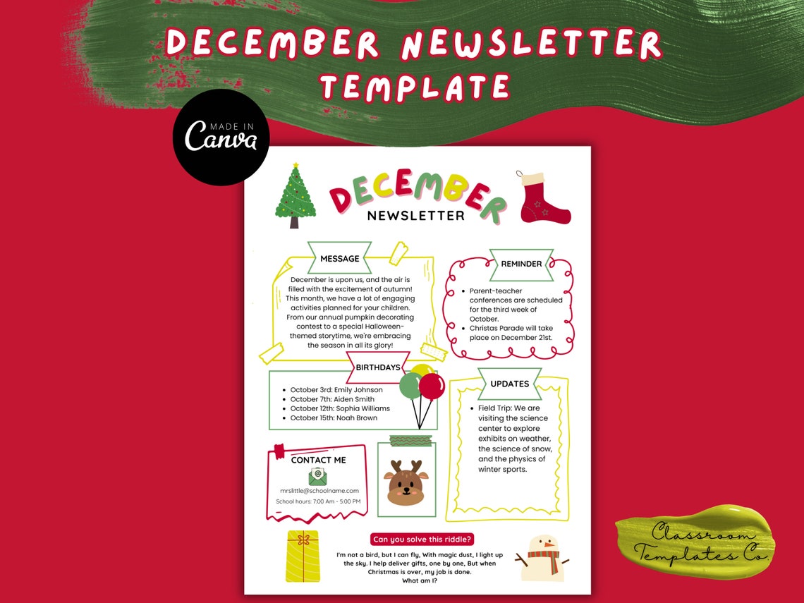 December Newsletter Template, Editable Newsletter, Monthly Newsletter, School Newsletter ...